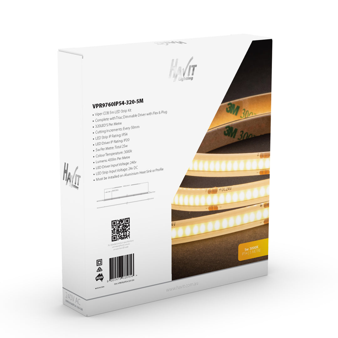VPR9760IP54-320-5M - Viper COB 5w Per Metre 5m LED Strip kit 3000k ...