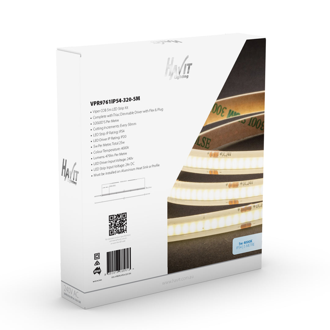 VPR9761IP54-320-5M - Viper COB 5w Per Metre 5m LED Strip kit 4000k ...